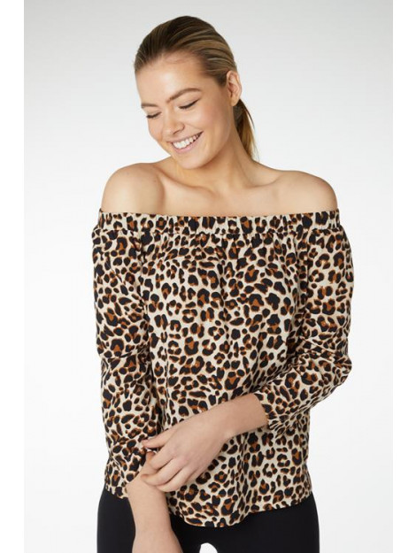 JANSEN AMSTERDAM Pippa off-shouldertop met panterdessin tabacco